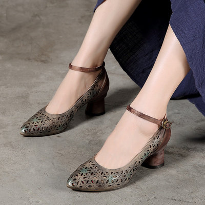 S426 Manufacturer'S New Ethnic Style Leather Hollow High Heels Literary Pointed Toe Square Heel Forest Fresh Fairy Shoes