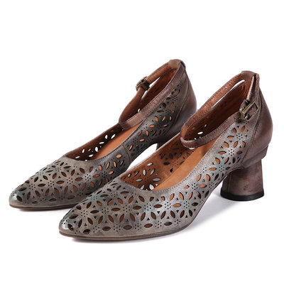 S426 Manufacturer'S New Ethnic Style Leather Hollow High Heels Literary Pointed Toe Square Heel Forest Fresh Fairy Shoes