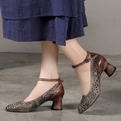 S426 Manufacturer'S New Ethnic Style Leather Hollow High Heels Literary Pointed Toe Square Heel Forest Fresh Fairy Shoes
