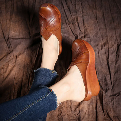 S427 New Comfortable And Breathable Handmade Retro Slippers Spring And Autumn Thick-Soled Thick-Heeled Leather Shoes