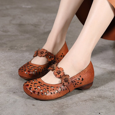 S428Spring And Summer Flowers Hollow Sweet Temperament Leather Handmade Women'S Shoes Round Toe All-Match Single Shoe Ma