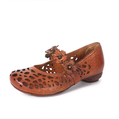 S428Spring And Summer Flowers Hollow Sweet Temperament Leather Handmade Women'S Shoes Round Toe All-Match Single Shoe Ma