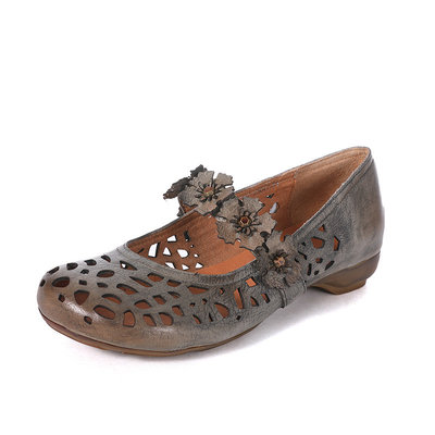 S428Spring And Summer Flowers Hollow Sweet Temperament Leather Handmade Women'S Shoes Round Toe All-Match Single Shoe Ma