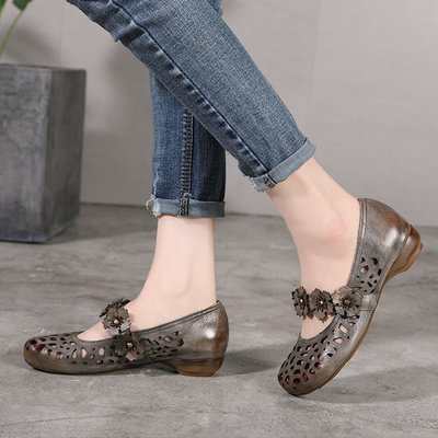 S428Spring And Summer Flowers Hollow Sweet Temperament Leather Handmade Women'S Shoes Round Toe All-Match Single Shoe Ma