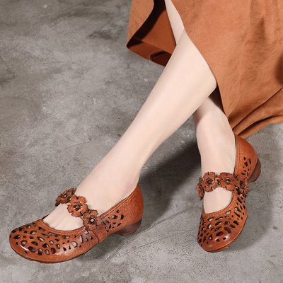 S428Spring And Summer Flowers Hollow Sweet Temperament Leather Handmade Women'S Shoes Round Toe All-Match Single Shoe Ma