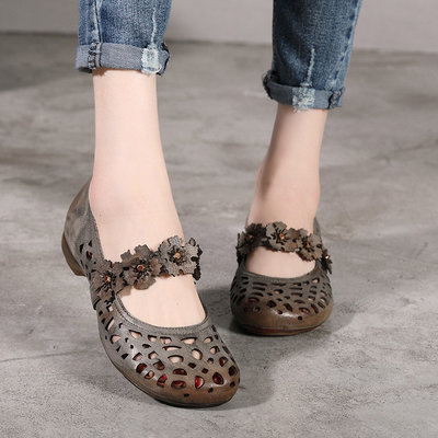 S428Spring And Summer Flowers Hollow Sweet Temperament Leather Handmade Women'S Shoes Round Toe All-Match Single Shoe Ma