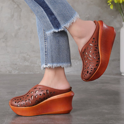 S431 2020 Summer New Products Leather Increased Thick Sole Retro Sandals Original Handmade Hollow Carved Women'S Shoes