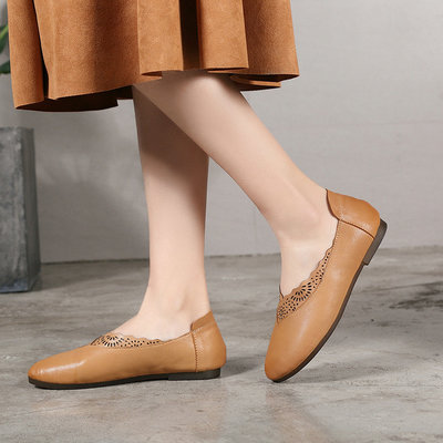 S434 Spring And Autumn New Classic Round Toe Leather Shoes Hollow Out Literary Temperament, Lazy Women'S Shoes Factory