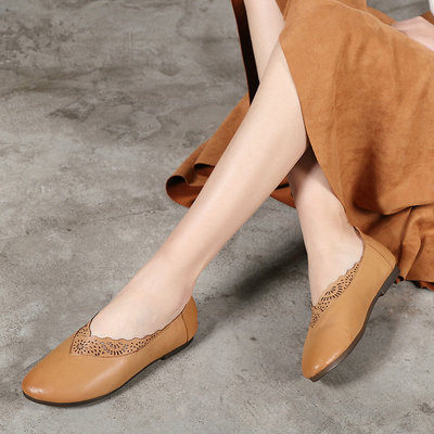 S434 Spring And Autumn New Classic Round Toe Leather Shoes Hollow Out Literary Temperament, Lazy Women'S Shoes Factory