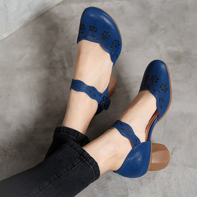 S436 2020 New Leather Retro Women'S Heels Sweet Round Head Comfortable Velcro Sandals Wholesale