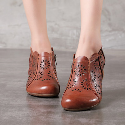 S437 Spring And Summer New Women'S Shoes Original Retro Handmade Leather Stitching Round Toe Thick Heel Mid-Heel Single