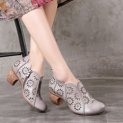 S437 Spring And Summer New Women'S Shoes Original Retro Handmade Leather Stitching Round Toe Thick Heel Mid-Heel Single