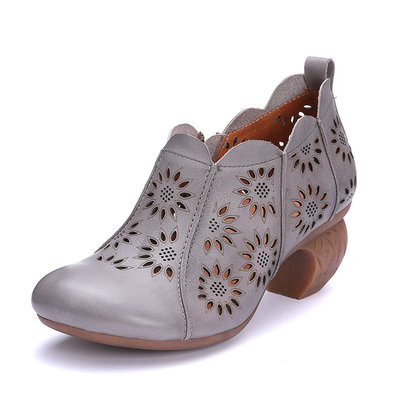 S437 Spring And Summer New Women'S Shoes Original Retro Handmade Leather Stitching Round Toe Thick Heel Mid-Heel Single