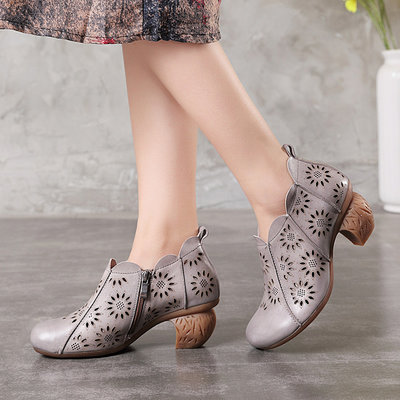 S437 Spring And Summer New Women'S Shoes Original Retro Handmade Leather Stitching Round Toe Thick Heel Mid-Heel Single