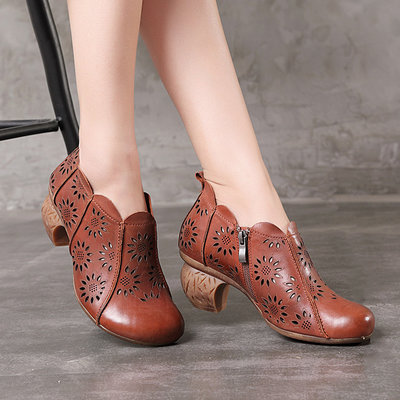 S437 Spring And Summer New Women'S Shoes Original Retro Handmade Leather Stitching Round Toe Thick Heel Mid-Heel Single