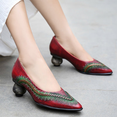 S438 2020 Retro Hand-Embroidered Soft Leather High Heels Ethnic Style Pointed Toe Spring And Summer New Women'S Shoes Wh