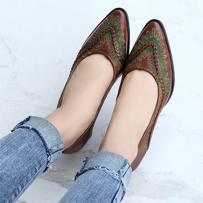 S438 2020 Retro Hand-Embroidered Soft Leather High Heels Ethnic Style Pointed Toe Spring And Summer New Women'S Shoes Wh