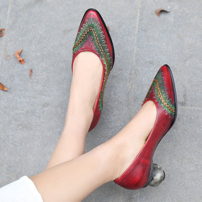 S438 2020 Retro Hand-Embroidered Soft Leather High Heels Ethnic Style Pointed Toe Spring And Summer New Women'S Shoes Wh