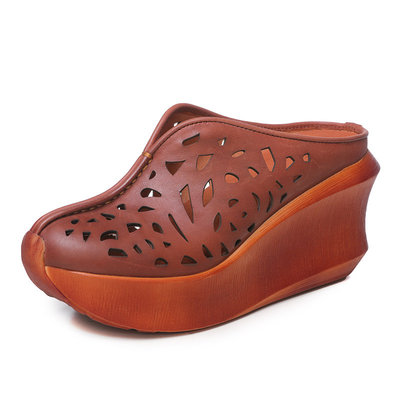 S451 New Leather Increased Thick Sole Retro Sandals Original Handmade Hollow Carved Women'S Shoes
