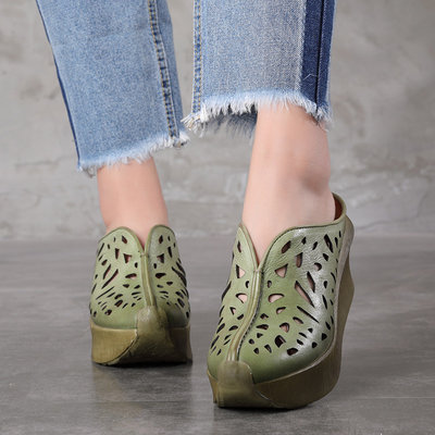 S451 New Leather Increased Thick Sole Retro Sandals Original Handmade Hollow Carved Women'S Shoes