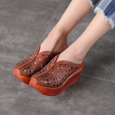 S451 New Leather Increased Thick Sole Retro Sandals Original Handmade Hollow Carved Women'S Shoes