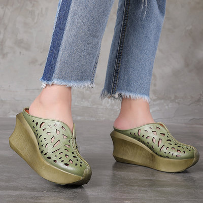 S451 New Leather Increased Thick Sole Retro Sandals Original Handmade Hollow Carved Women'S Shoes