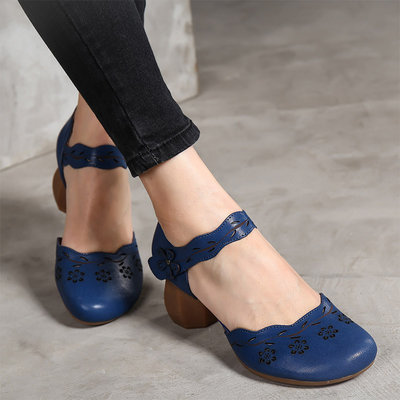 S456 2020 New Leather Retro Women'S Heels Sweet Round Head Comfortable Velcro Sandals Wholesale