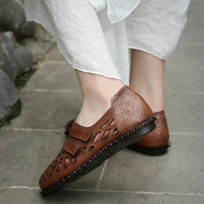S459 Spring New Women'S Shoes Spot Retro Hollow Cool Flat Women'S Shoes Camel Women'S Single Shoes