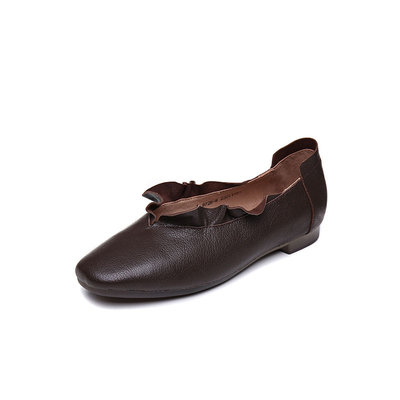 S461 Genuine Leather Women'S Shoes Lotus Leaf Lace 2020 Autumn New Product Flat Heel Comfortable Shallow Mouth Solid Col