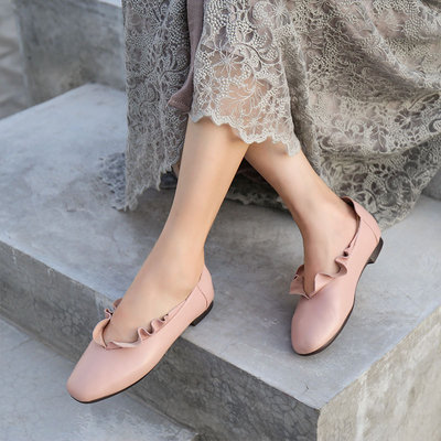 S461 Genuine Leather Women'S Shoes Lotus Leaf Lace 2020 Autumn New Product Flat Heel Comfortable Shallow Mouth Solid Col