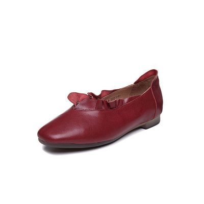 S461 Genuine Leather Women'S Shoes Lotus Leaf Lace 2020 Autumn New Product Flat Heel Comfortable Shallow Mouth Solid Col