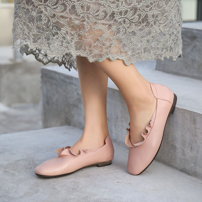 S461 Genuine Leather Women'S Shoes Lotus Leaf Lace 2020 Autumn New Product Flat Heel Comfortable Shallow Mouth Solid Col