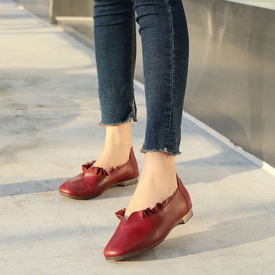 S461 Genuine Leather Women'S Shoes Lotus Leaf Lace 2020 Autumn New Product Flat Heel Comfortable Shallow Mouth Solid Col