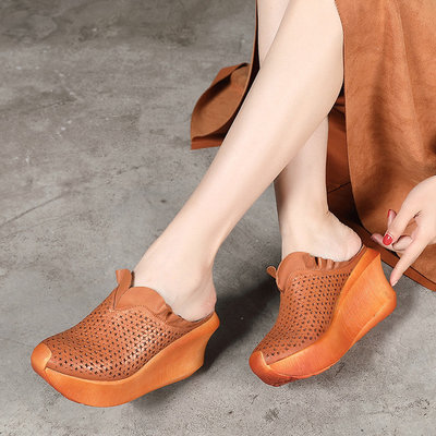 S464 Leather Casual Ethnic Style Sandals Retro Hollow Sponge Cake Wedges With Slippers Handmade Women'S Shoes Explosive
