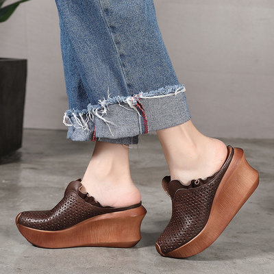 S464 Leather Casual Ethnic Style Sandals Retro Hollow Sponge Cake Wedges With Slippers Handmade Women'S Shoes Explosive