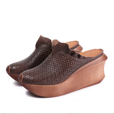 S464 Leather Casual Ethnic Style Sandals Retro Hollow Sponge Cake Wedges With Slippers Handmade Women'S Shoes Explosive