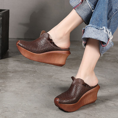 S464 Leather Casual Ethnic Style Sandals Retro Hollow Sponge Cake Wedges With Slippers Handmade Women'S Shoes Explosive