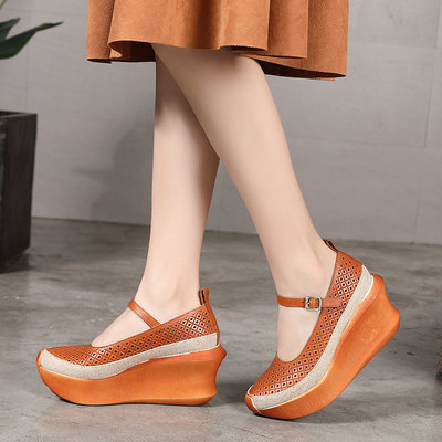 S468 Hollow Retro Ethnic Style Slope With Thick-Soled Guangzhou Women'S Shoes Handmade Leather Platform Shoes Fashion Sh