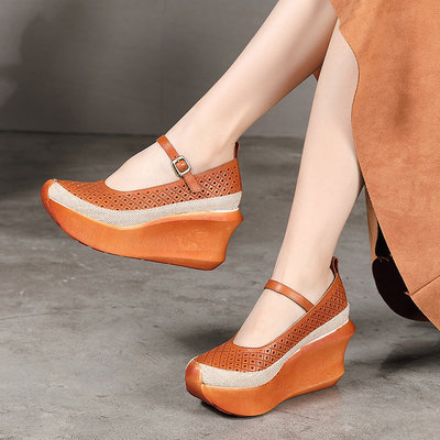 S468 Hollow Retro Ethnic Style Slope With Thick-Soled Guangzhou Women'S Shoes Handmade Leather Platform Shoes Fashion Sh