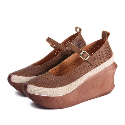 S468 Hollow Retro Ethnic Style Slope With Thick-Soled Guangzhou Women'S Shoes Handmade Leather Platform Shoes Fashion Sh