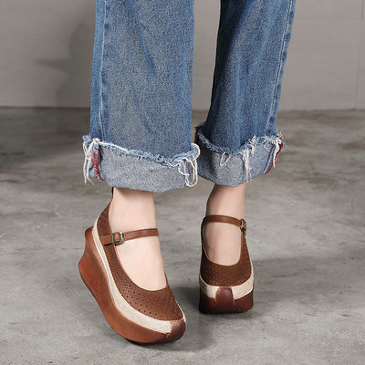 S468 Hollow Retro Ethnic Style Slope With Thick-Soled Guangzhou Women'S Shoes Handmade Leather Platform Shoes Fashion Sh