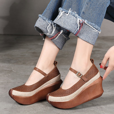 S468 Hollow Retro Ethnic Style Slope With Thick-Soled Guangzhou Women'S Shoes Handmade Leather Platform Shoes Fashion Sh