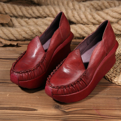 S469 Season Shoes Wedge Heel Leather Original Handmade Idyllic Retro Height Increase Shoes Mother Shoes Single Shoes