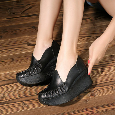 S469 Season Shoes Wedge Heel Leather Original Handmade Idyllic Retro Height Increase Shoes Mother Shoes Single Shoes