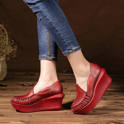 S469 Season Shoes Wedge Heel Leather Original Handmade Idyllic Retro Height Increase Shoes Mother Shoes Single Shoes