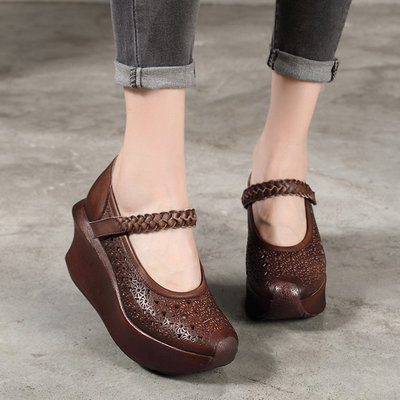 S475 Explosive Style Wedge Heel Platform Fashion Single Shoes Ethnic Retro Sponge Cake Handmade Casual High Heel Women'S