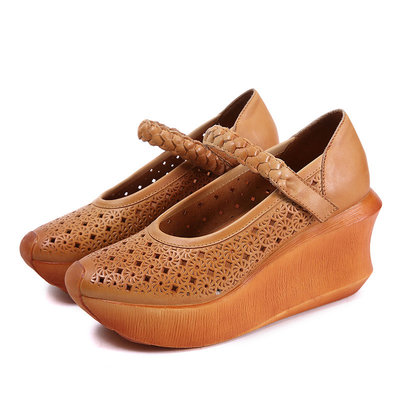 S475 Explosive Style Wedge Heel Platform Fashion Single Shoes Ethnic Retro Sponge Cake Handmade Casual High Heel Women'S
