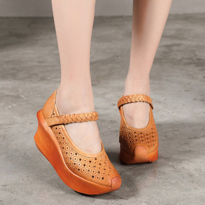 S475 Explosive Style Wedge Heel Platform Fashion Single Shoes Ethnic Retro Sponge Cake Handmade Casual High Heel Women'S
