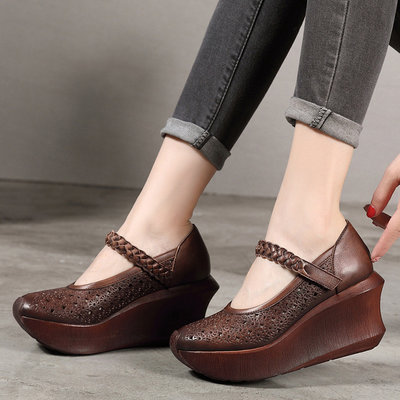 S475 Explosive Style Wedge Heel Platform Fashion Single Shoes Ethnic Retro Sponge Cake Handmade Casual High Heel Women'S