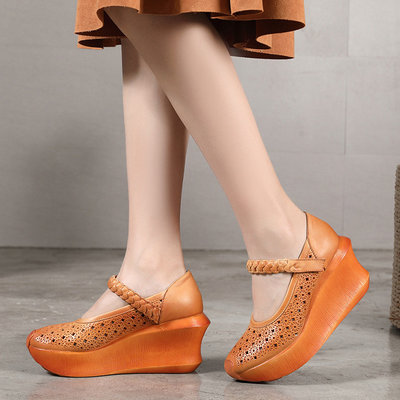 S475 Explosive Style Wedge Heel Platform Fashion Single Shoes Ethnic Retro Sponge Cake Handmade Casual High Heel Women'S